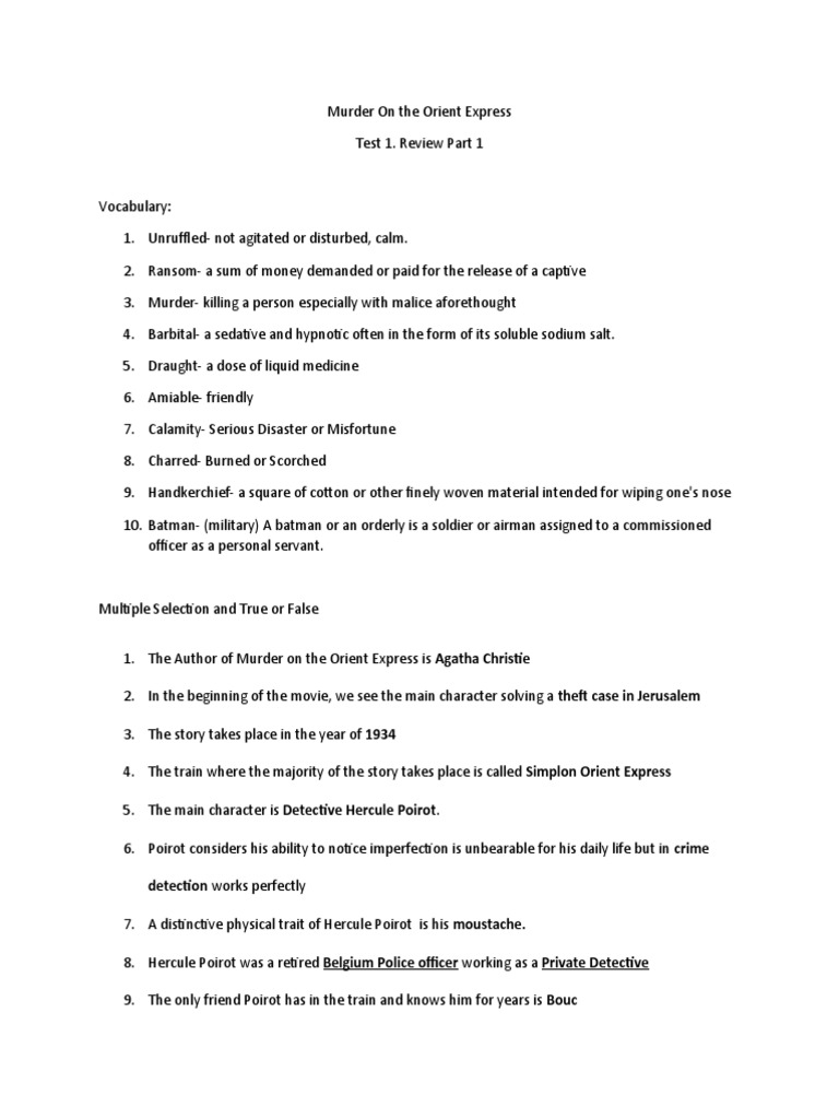 Murder On The Orient Express Review Test 1 - Part 1 | PDF | Hercule ...