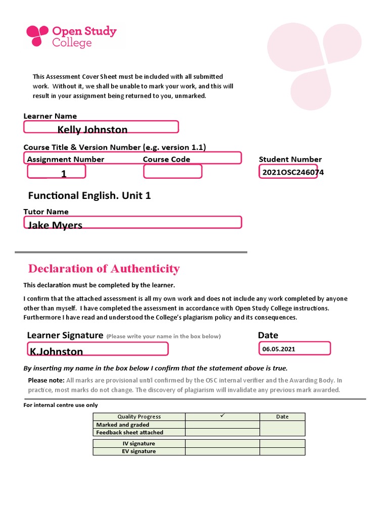 OSC Assessment Cover Sheet V2-1 WEB | PDF | Career & Growth | Business