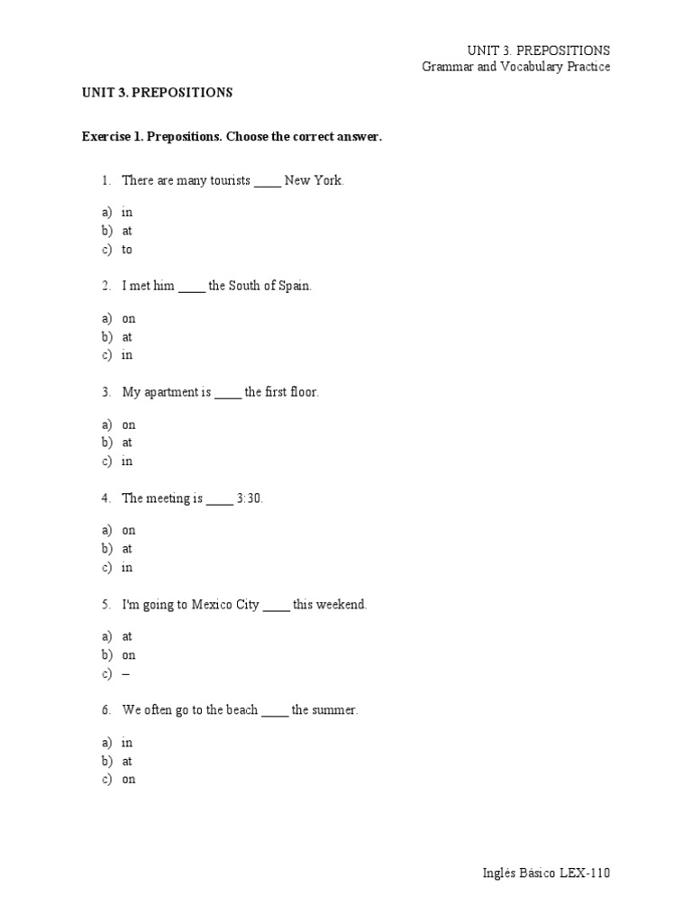 Practice Unit 3. Prepositions | PDF