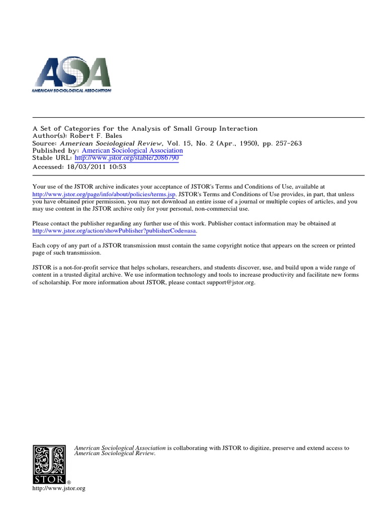 Bales Robert A Set Of Categories For The Analysis Of Small Group Interaction Pdf Theory