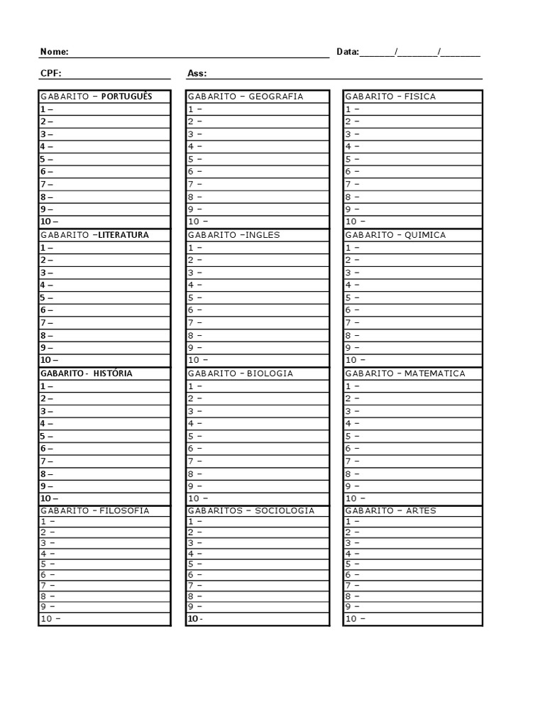 Gabarito em Branco | PDF