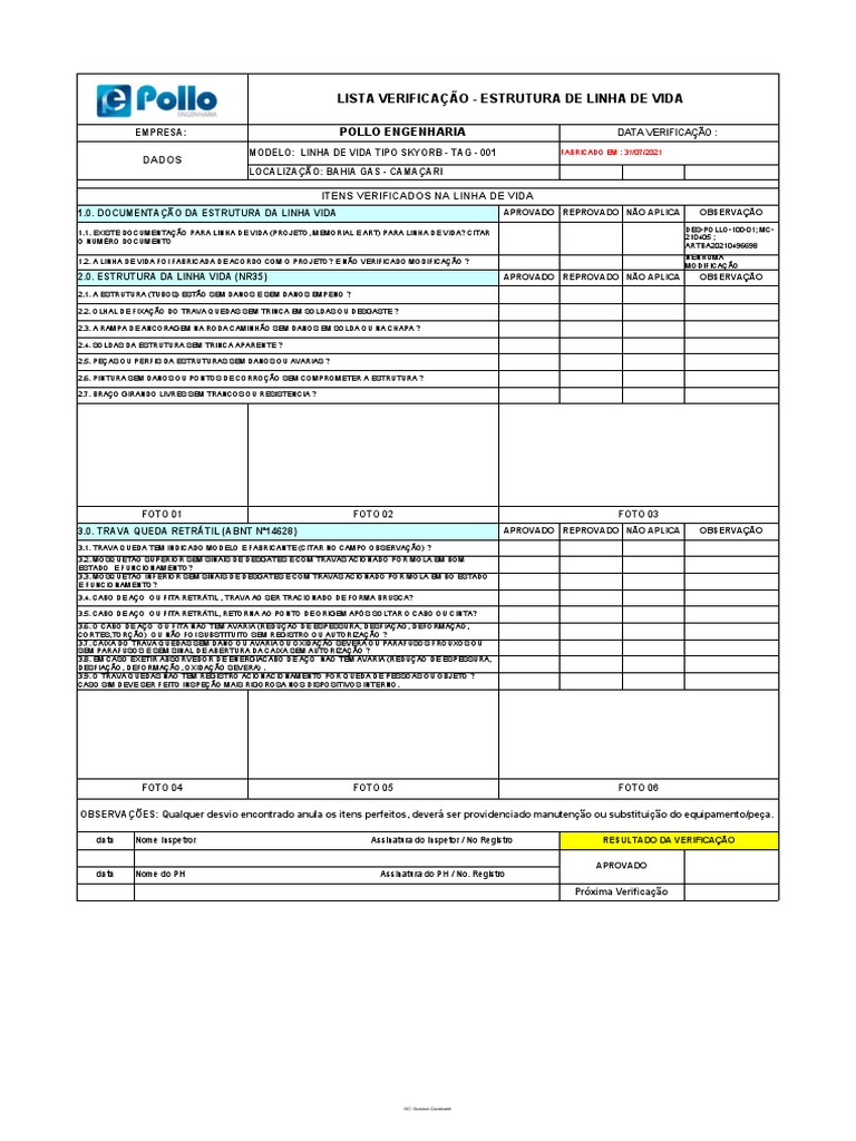 Check List Linha Vida Movel Skyorb Bahiagás | PDF | Engenharia Civil