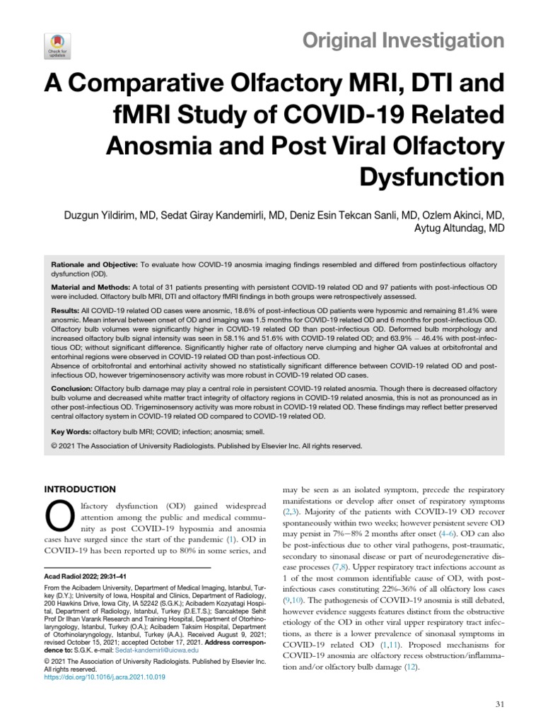 A Comparative Olfactory MRI DTI and fMRI Study of COVID 19 R - 2022 ...