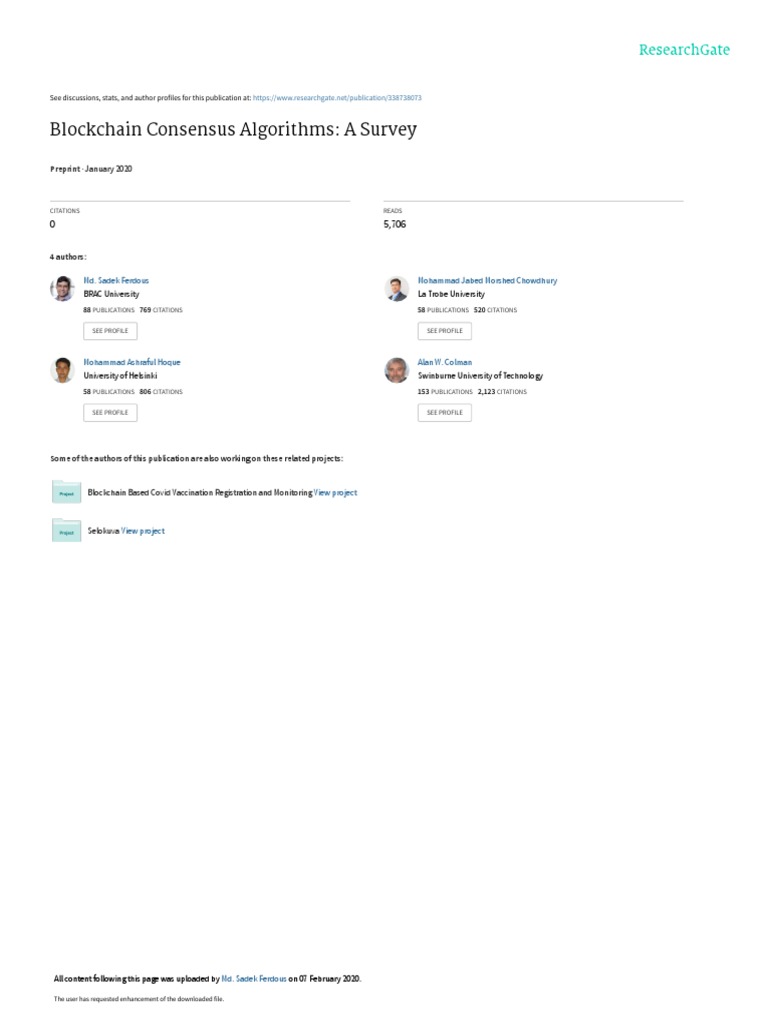 Blockchain Consensuses Survey Researchgate | PDF | Bitcoin | Cryptocurrency