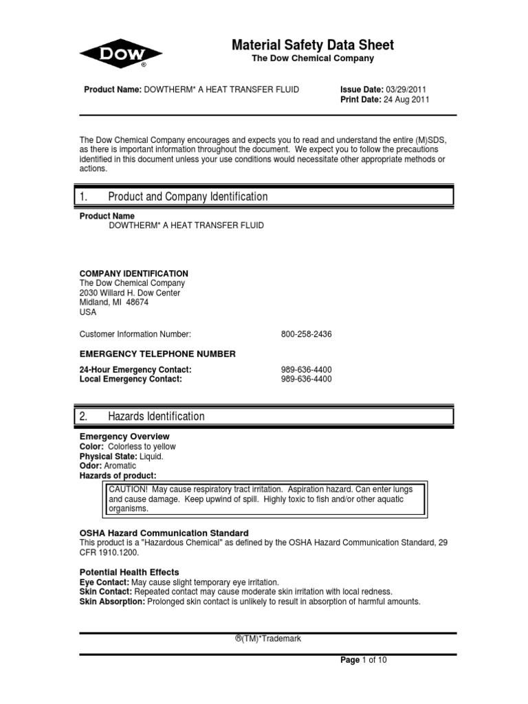 Dowtherm A Heat Transfer Fluid MSDS | PDF | Firefighting | Dangerous Goods
