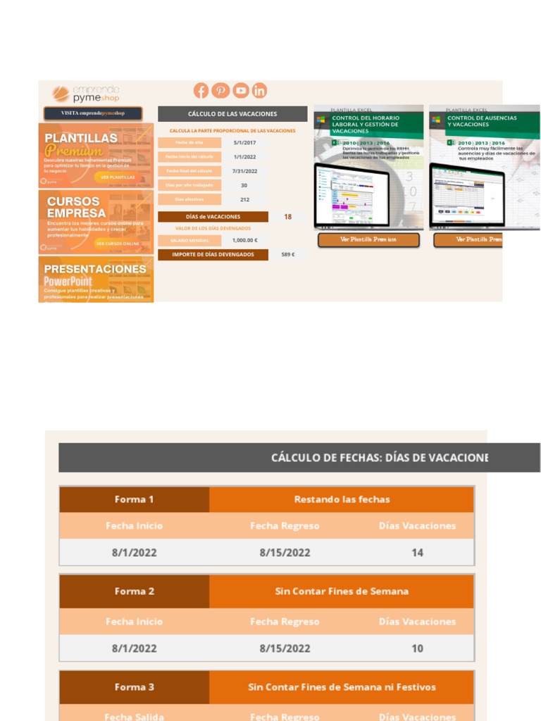 Plantilla de Excel para El Calculo de Vacaciones - Emprendepyme | PDF