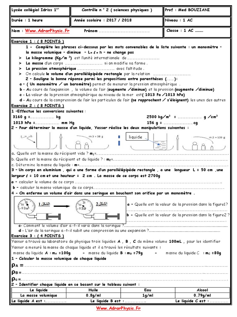 Controle 2 - 1 S1 1ére Année Collège Inter | PDF | Pression | mesure de ...