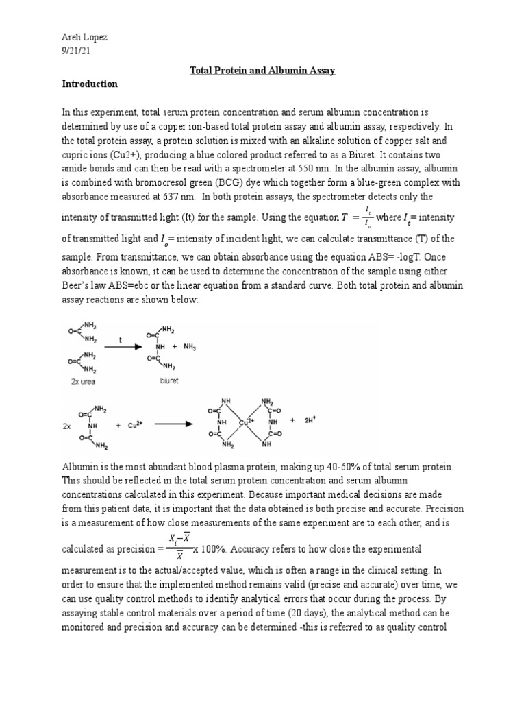 Total Serum Protein and Albumin Lab Reporrt | PDF | Absorbance ...