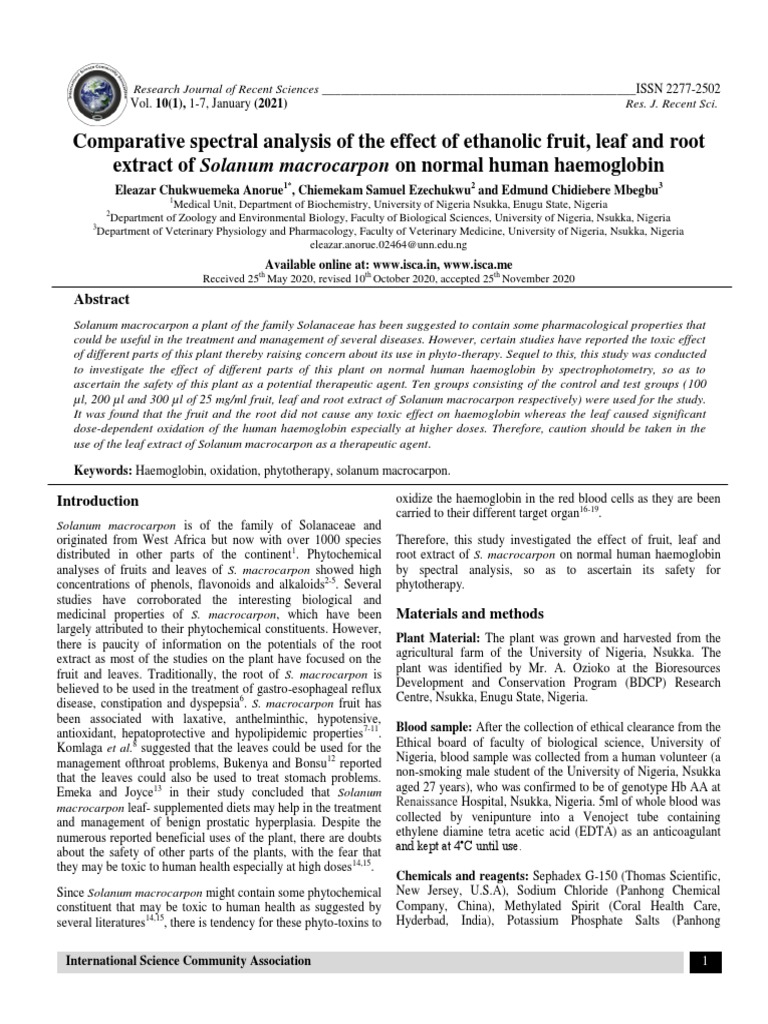 Comparative Spectral Analysis of The Effect of S. Macrocarpon On Normal Human Haemoglobin | PDF ...