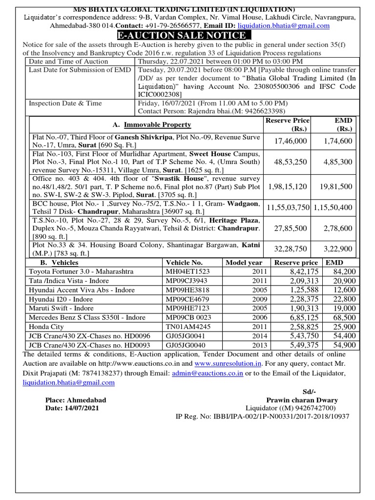 Bhatia Global E-Auction Sale Notice | PDF | Business | Bankruptcy