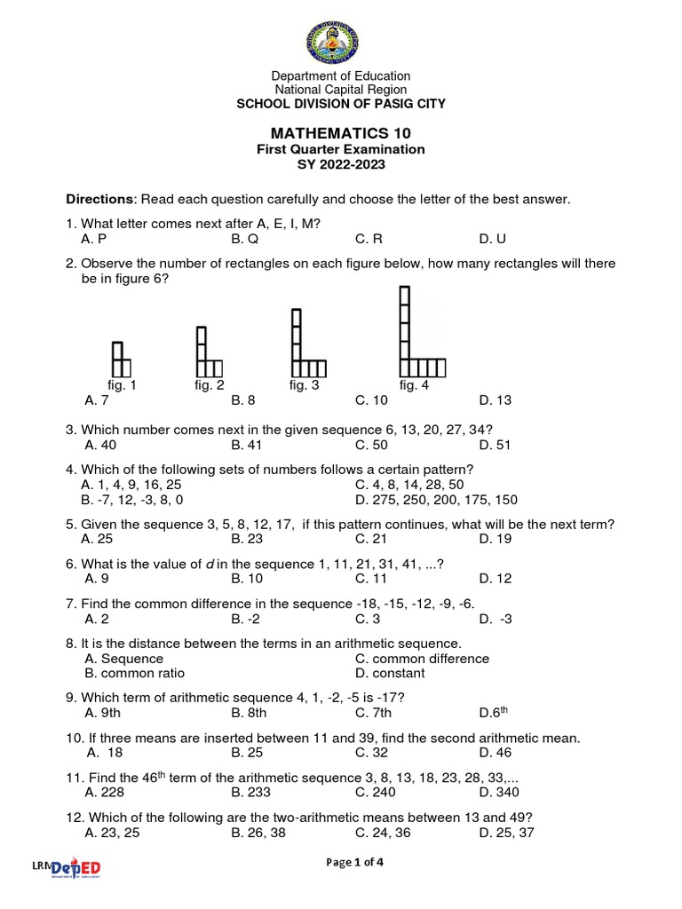 Mathematics 10 First Quarter Examination | PDF | Zero Of A Function ...