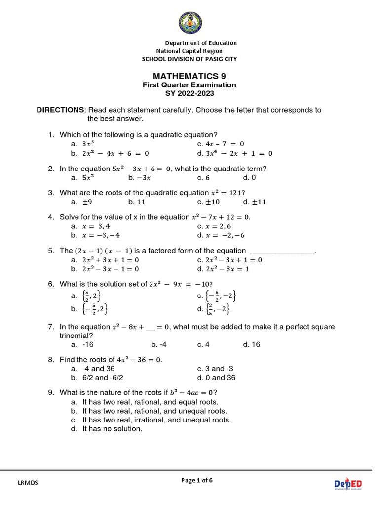 Math 9-Q1-PT-TQ | PDF | Quadratic Equation | Equations