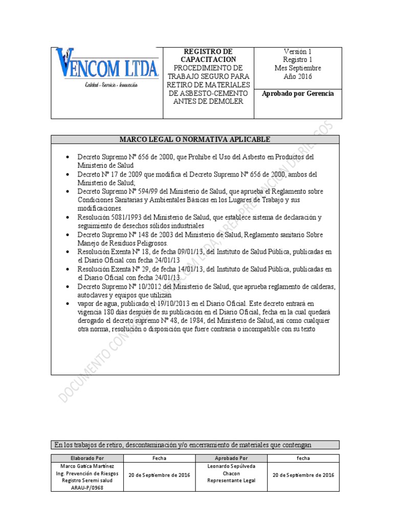 Registro Capacitacion y Procedimiento de Trabajo Seguro Retiro Asbesto ...