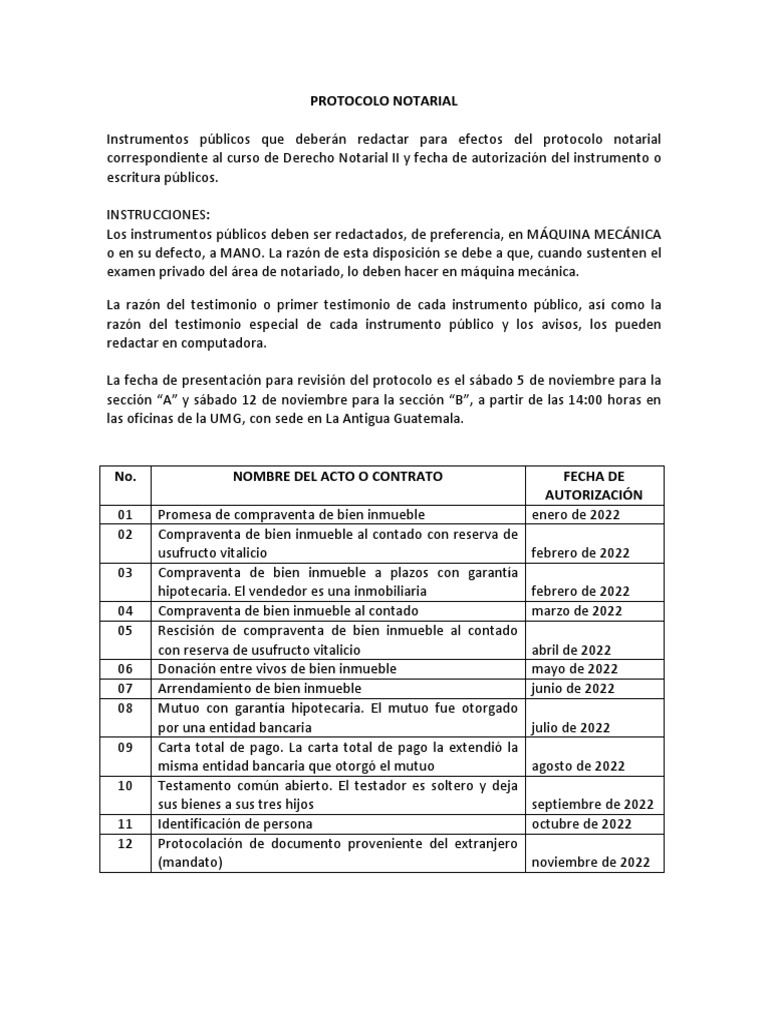 Protocolo Notarial: Instrucciones y Fechas | PDF | Voluntad y ...