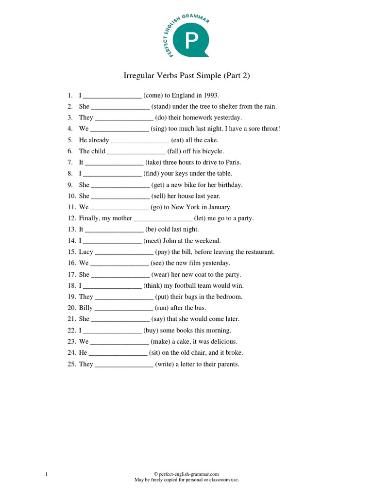 50 Common Irregular Verbs Past Simple Part 2 | PDF