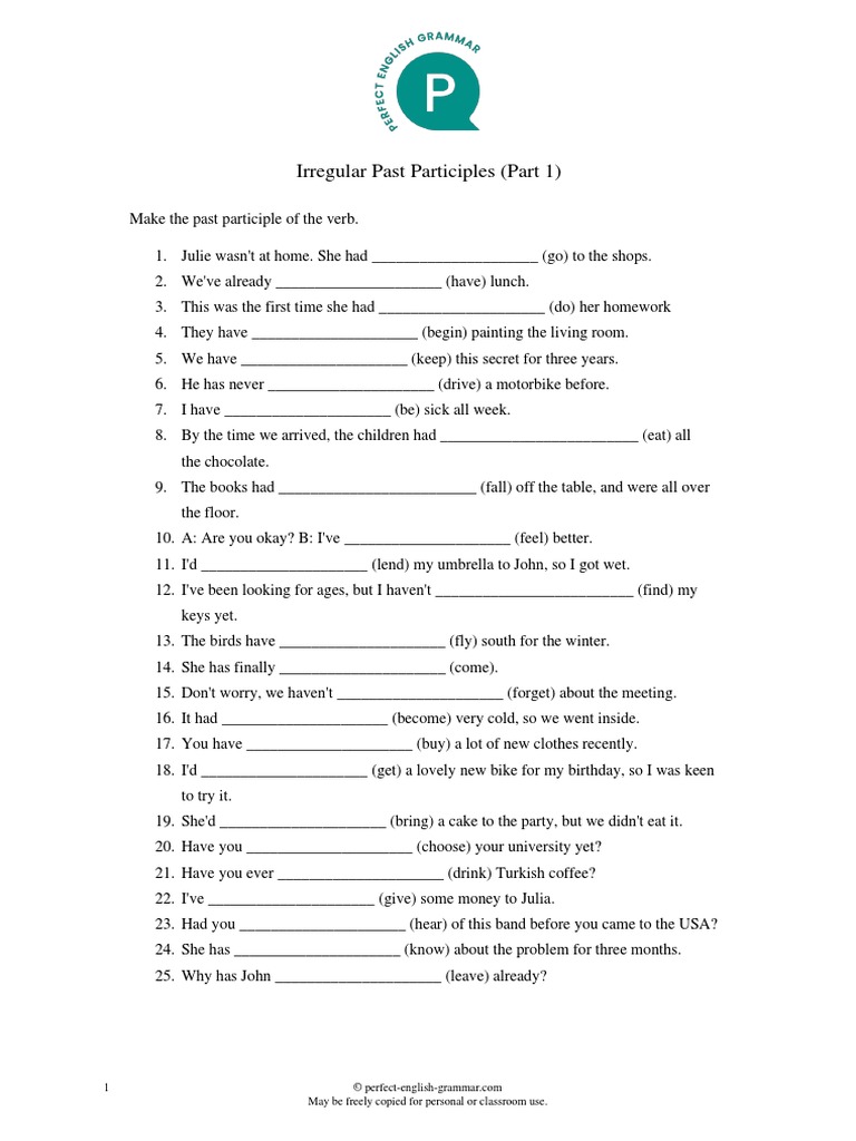 Irregular Past Participles Worksheet | PDF