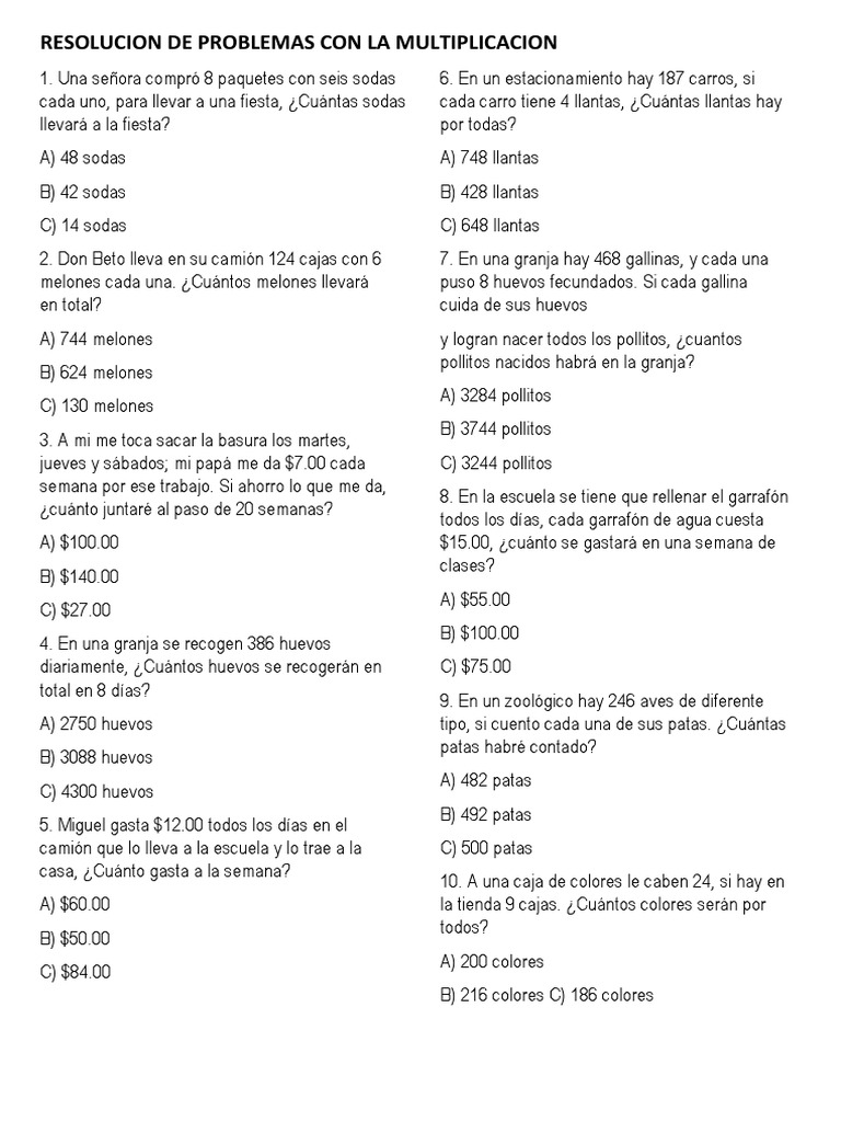 Problemas de Multiplicación para Primaria | PDF | Cocina, comidas y ...