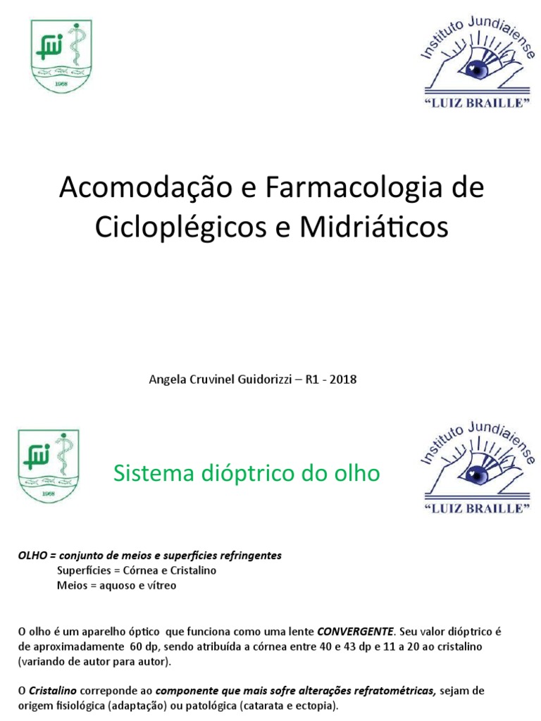 Acomodação, Cicloplégicos e Midriáticos | PDF | Miopia | Glaucoma