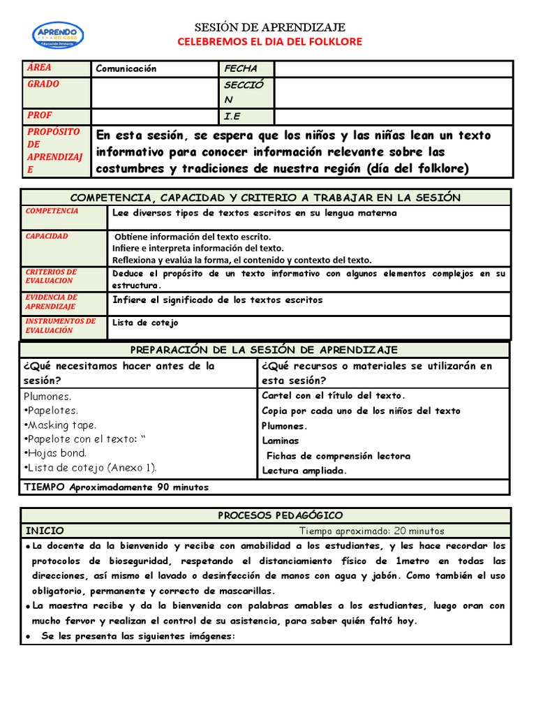 1 - SESION Del Folklore | PDF | Folklore | Evaluación
