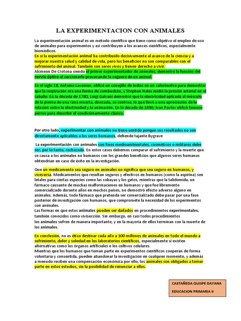 LA EXPERIMENTACION EN ANIMALES Texto Argumentativo | PDF | Pruebas en ...
