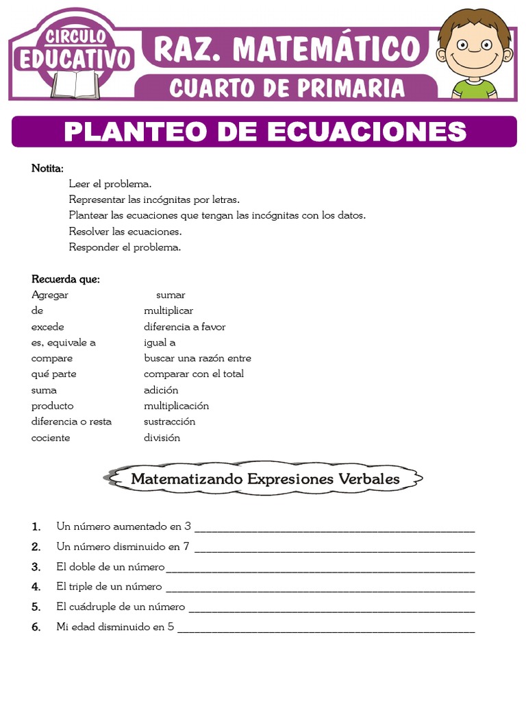 Planteo de Ecuaciones para Cuarto de Primaria | PDF | Multiplicación | Ecuaciones