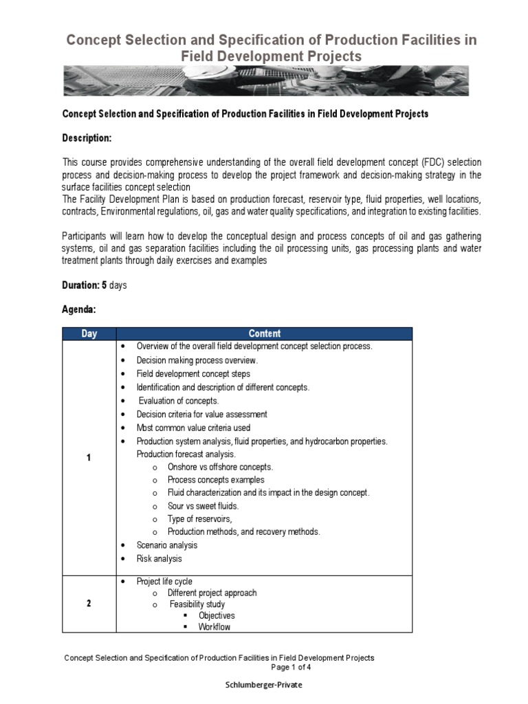 Concept Selection and Specification of Production Facilities in Field Course Outline | PDF ...