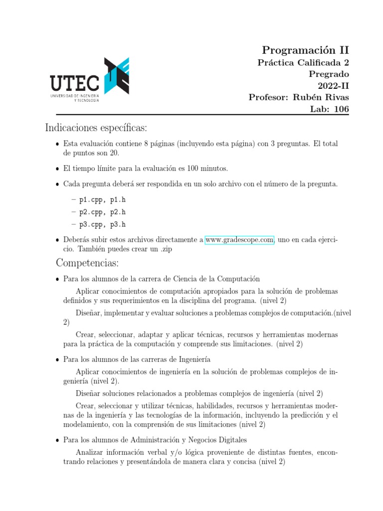 Programaci On II: PR Actica Calificada 2 Pregrado 2022-II Profesor: Rub ...