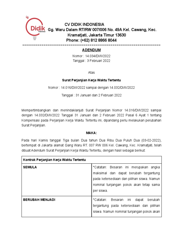 Adendum PKWT Pendidik | PDF