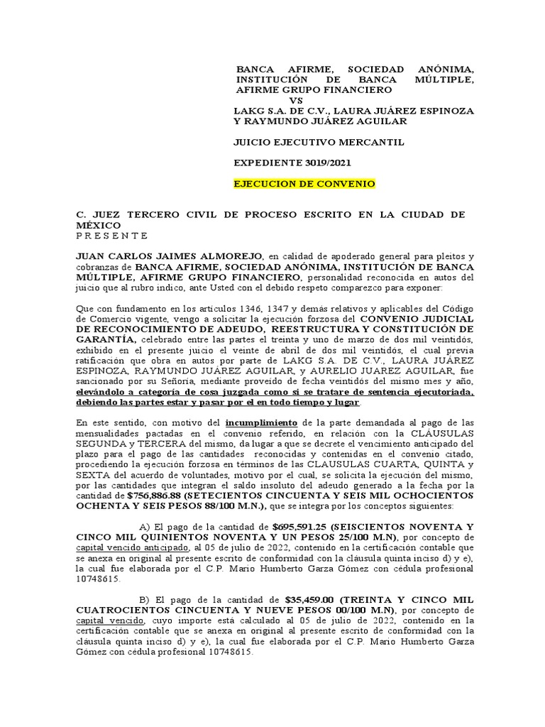 Ejecucion Convenio Lakg Rev | PDF | Pagos | Derecho empresarial