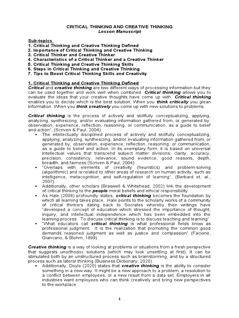 LessonManuscript (CriticalThinking&CreativeThinking) | PDF | Thought | Critical Thinking