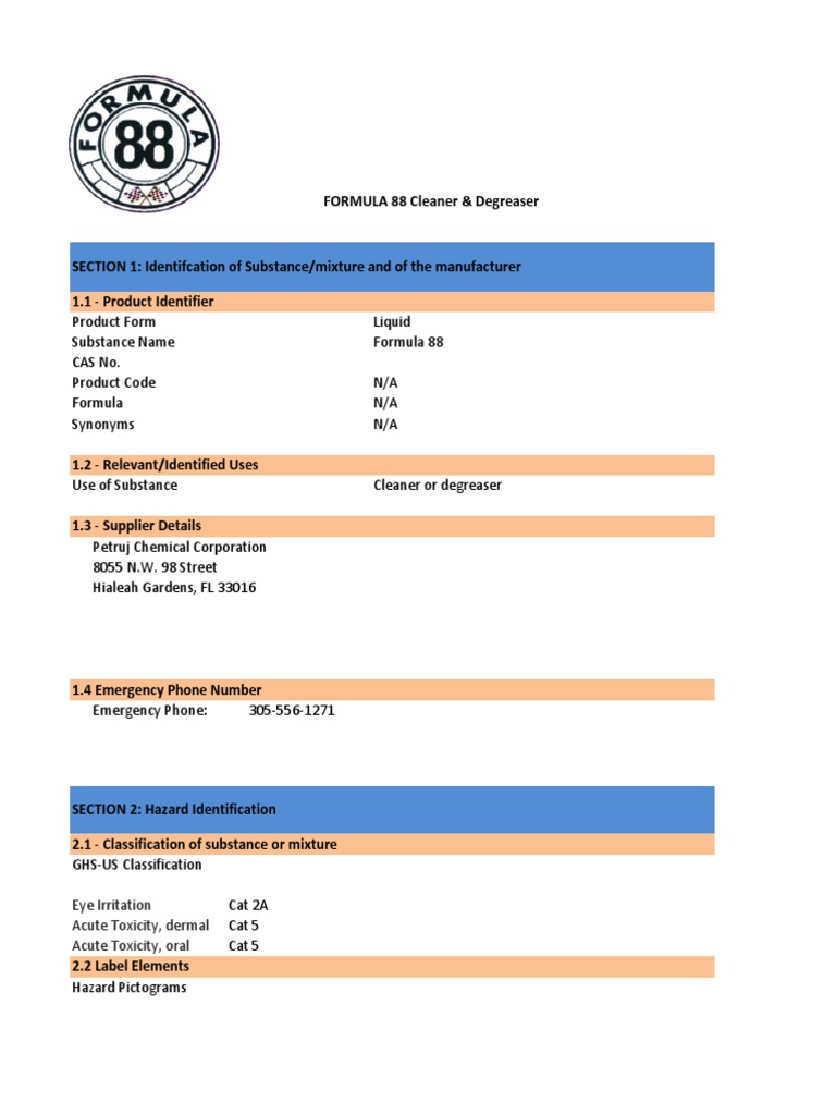 SDS Formula 88 | PDF | Toxicity | Water