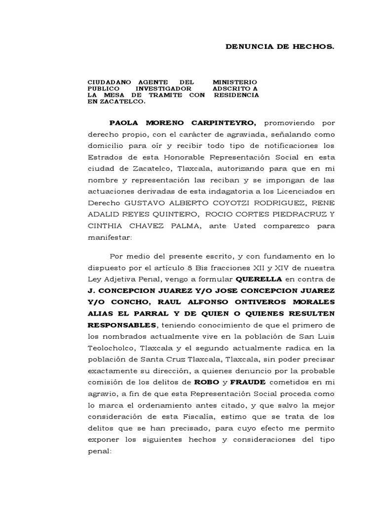 Querella Por Robo y Fraude Paola Moreno Carpinteyro | PDF | Queja | Justicia