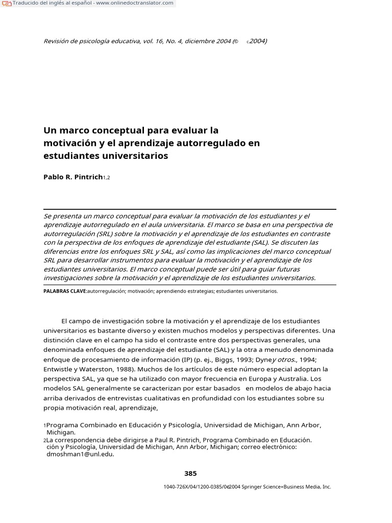 Pintrich, 2004 (1) .En - Es | PDF | Motivacional | Motivación