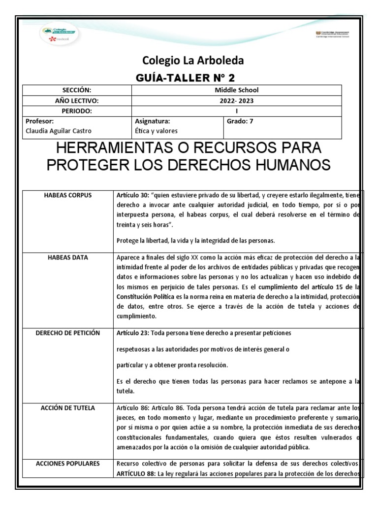 Taller Guia 2 Septimo Grado Sobre Los Derechos Humanos | PDF | Habeas corpus | Justicia