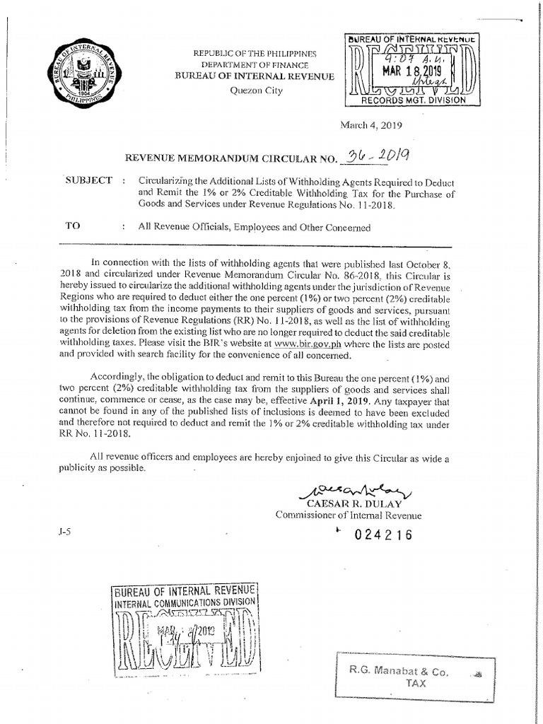 RMC No. 36-2019 | PDF