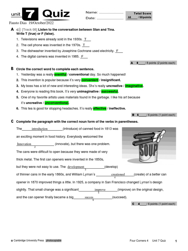 17,5 Fausto Dias Level 8 UNIT 7 QUIZ | PDF | Compact Disc | Linguistics