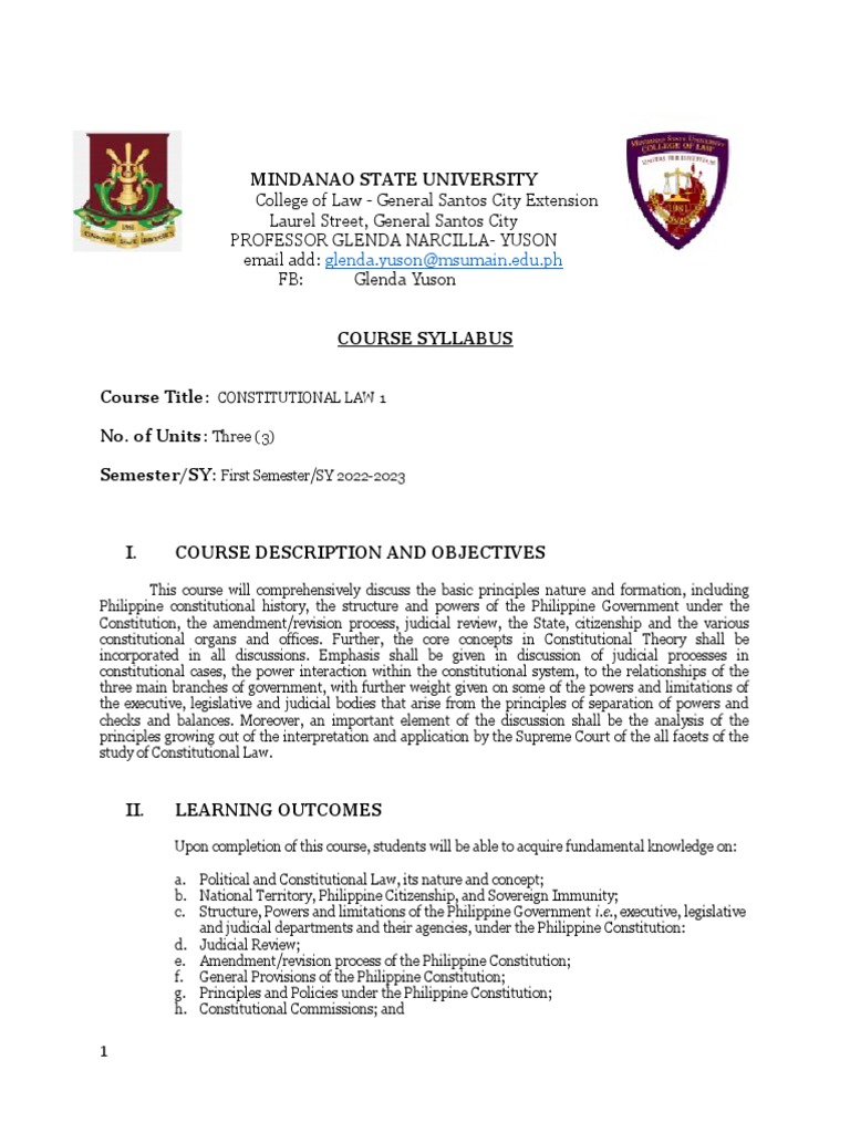 Consti 1 Syllabus 2022 | PDF | Constitution | Separation Of Powers