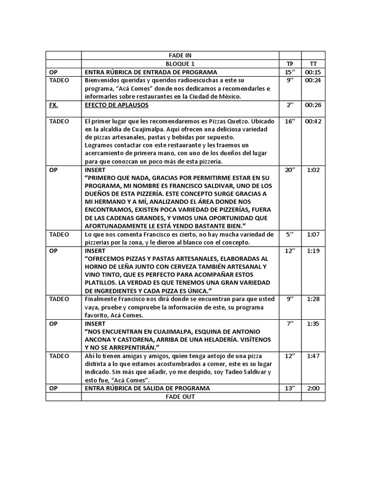 Guión Nota Informativa | PDF | Alimentos | Preparación de comida y bebida