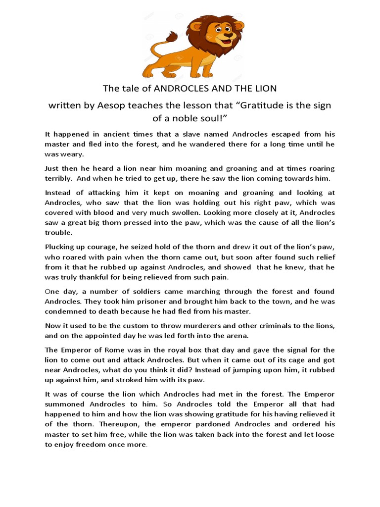 Androcles and the Lion: A Tale of Gratitude | PDF