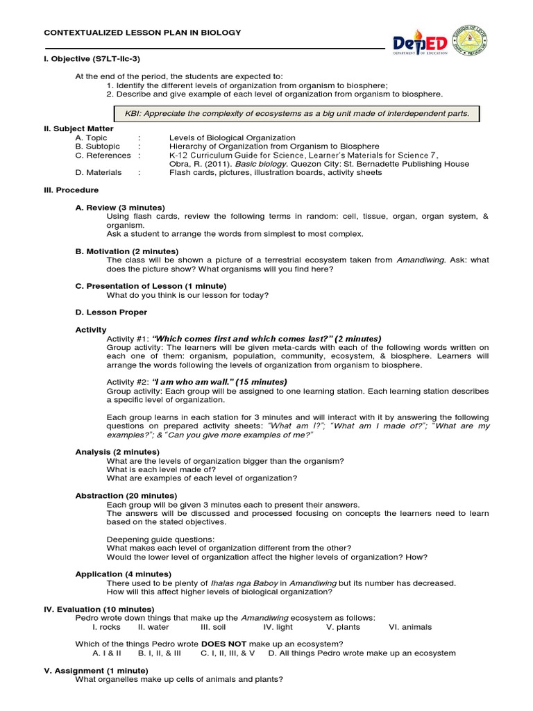 Contextualized Lesson Plan in Biology | PDF | Learning | Lesson Plan