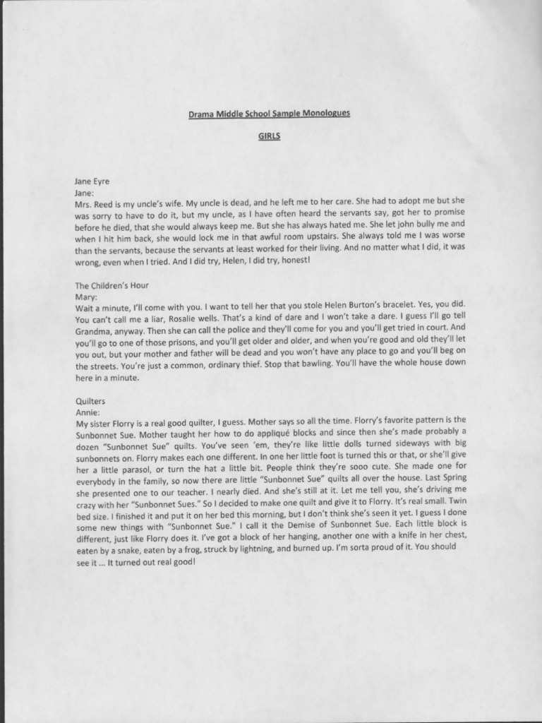Middle School Monologues | PDF