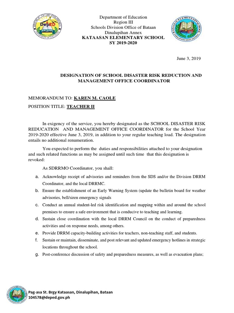 DRRM Designation Appointment SY 2019 | PDF | Emergency Management | Safety