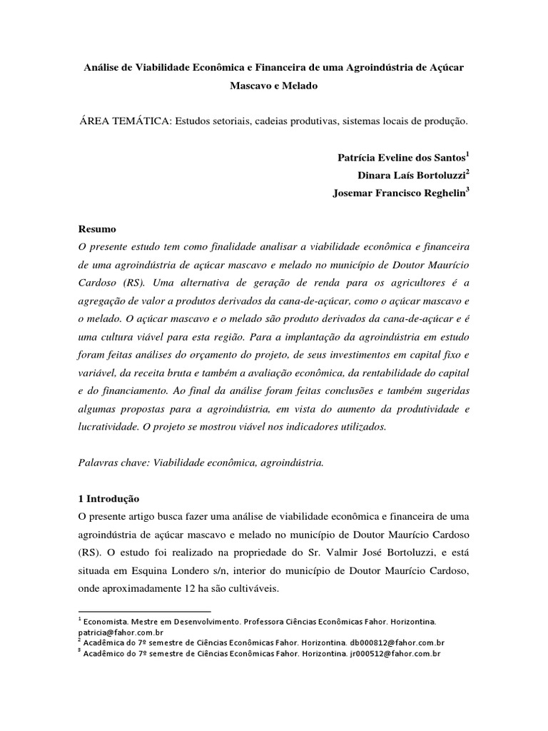 Agroindustria de Acucar Mascavo e Melado | PDF | Valor Presente líquido ...
