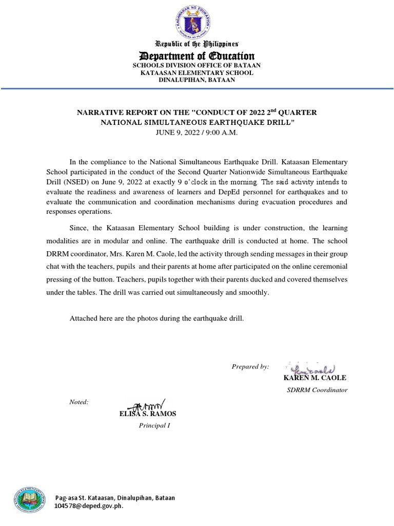 KES Pictorial Narrative Report On Earthquake Drill 2nd Quarter | PDF ...