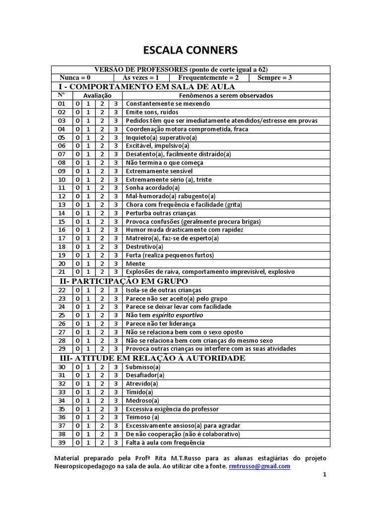 Escala Conners-2016 | PDF | Transtorno de déficit de atenção e ...