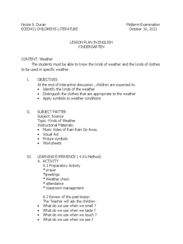 Rain Rain Go Away | PDF | Teachers | Lesson Plan