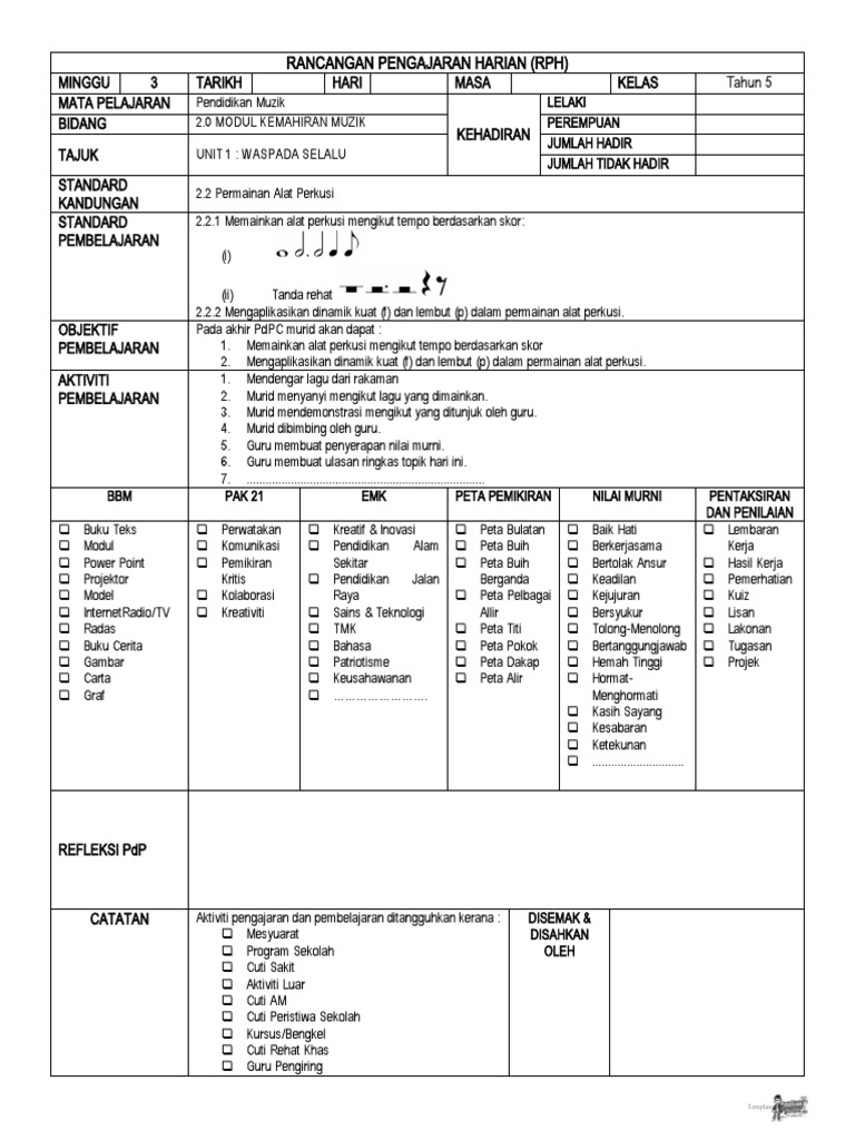 RPH Muzik Tahun 5 Minggu 3 | PDF