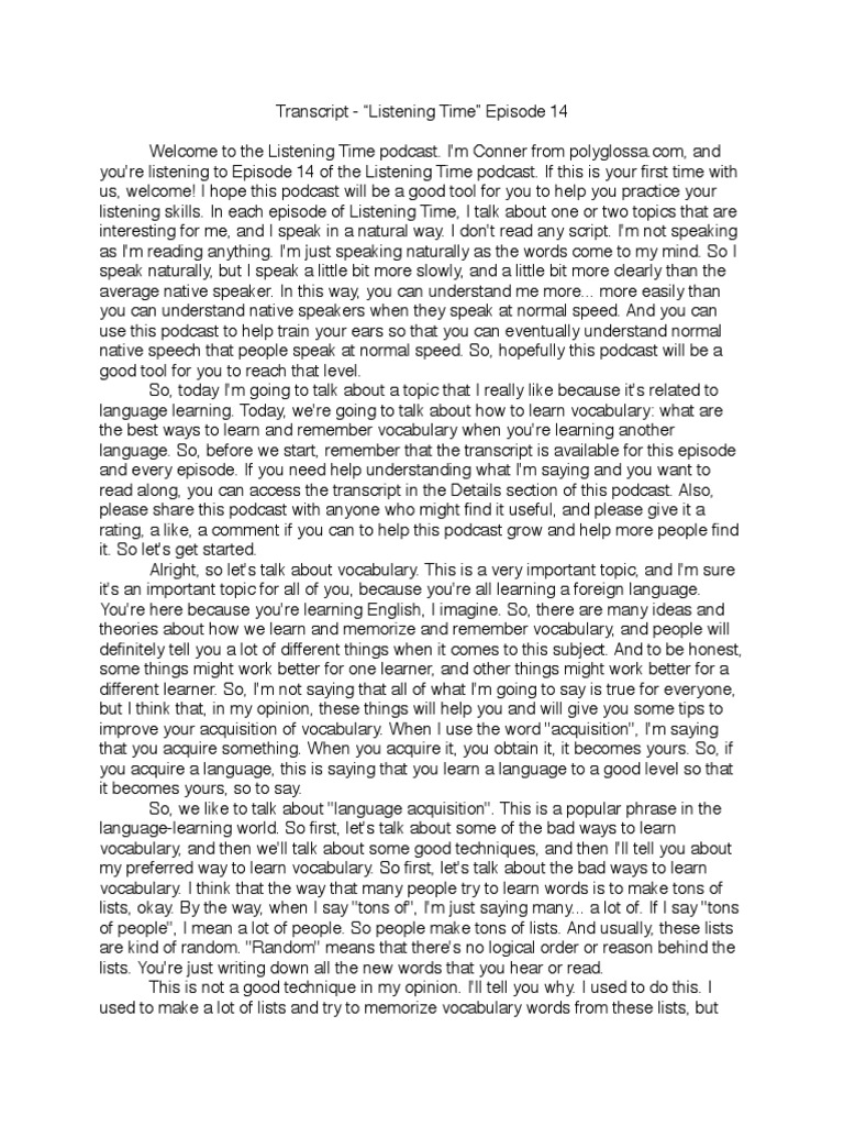 Episode 14 Transcript - Listening Time | PDF | Vocabulary | English ...