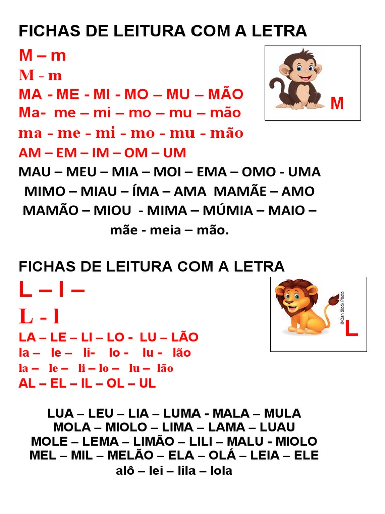 Fichas de Leitura Com A Letra | PDF