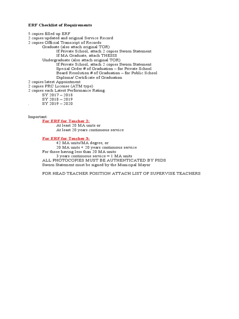 ERF Requirements | PDF | Teachers | Qualifications
